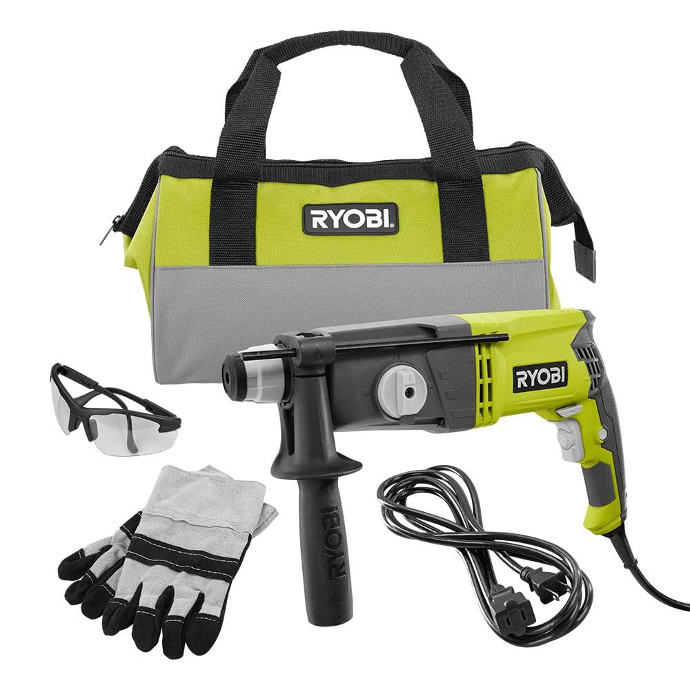 RYOBI SDS-Plus Rotary Hammer Drill Set With Safty Glasses Work Gloves, Green, SDS65SB
