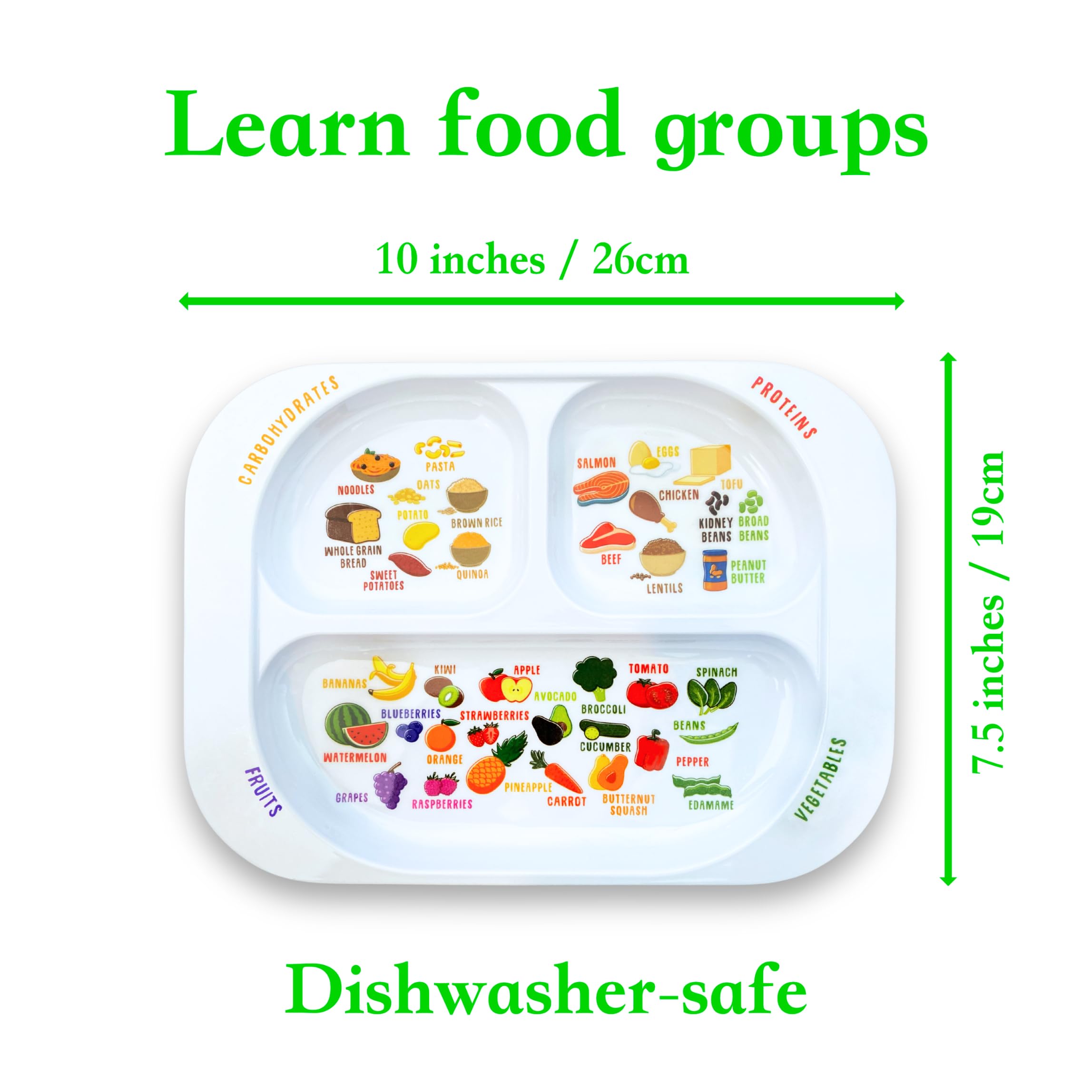 j&m Divided Portion Plate, Sections for Kids & Fussy Eaters, Learn Nutrition, Healthy Eating, Food Groups & Portion Sizes, Child-Friendly Melamine, Dishwasher-Safe