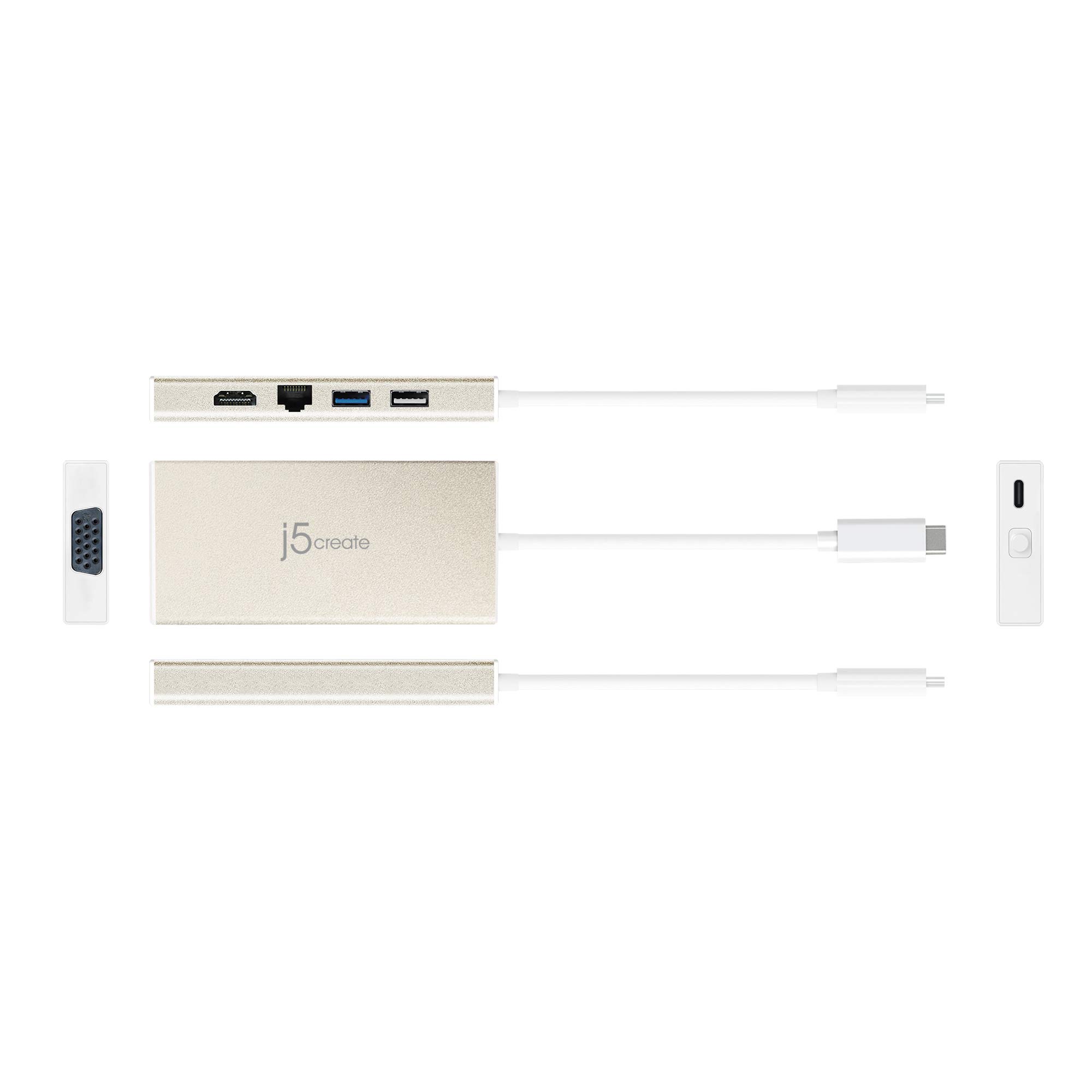 j5create USB-C 3.1 Mini Hub- USB 3.1/3.0/2.0| HDMI 1920 x 1200 @ 60 Hz/VGA 1920 x 1200 @ 60 Hz | Gigabit Ethernet | Compatible with USB C Devices
