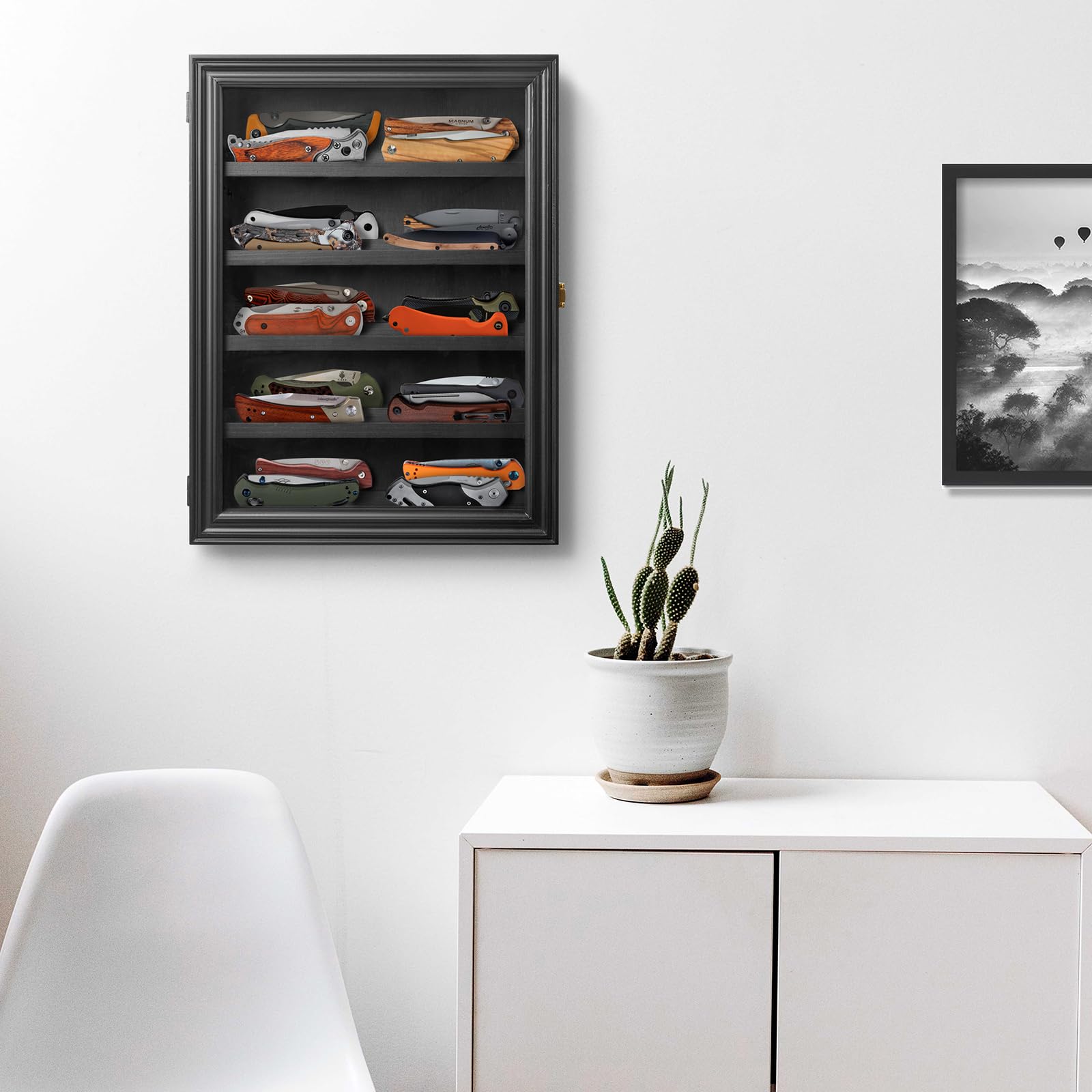 ZAYALI Pocket Knife Display Case for Wall, Pocket Knife Stand for Collections with Uv Protection Acrylic Lockable, 5 Rows Military Folding Knife Stand with Removable 2 Grooves Shelves Black