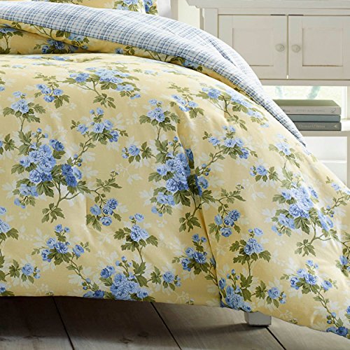 Laura Ashley - King Comforter Set, Cotton Reversible Bedding, Includes Matching Shams with Bonus Euro Shams & Throw Pillows (Cassidy Yellow, King)
