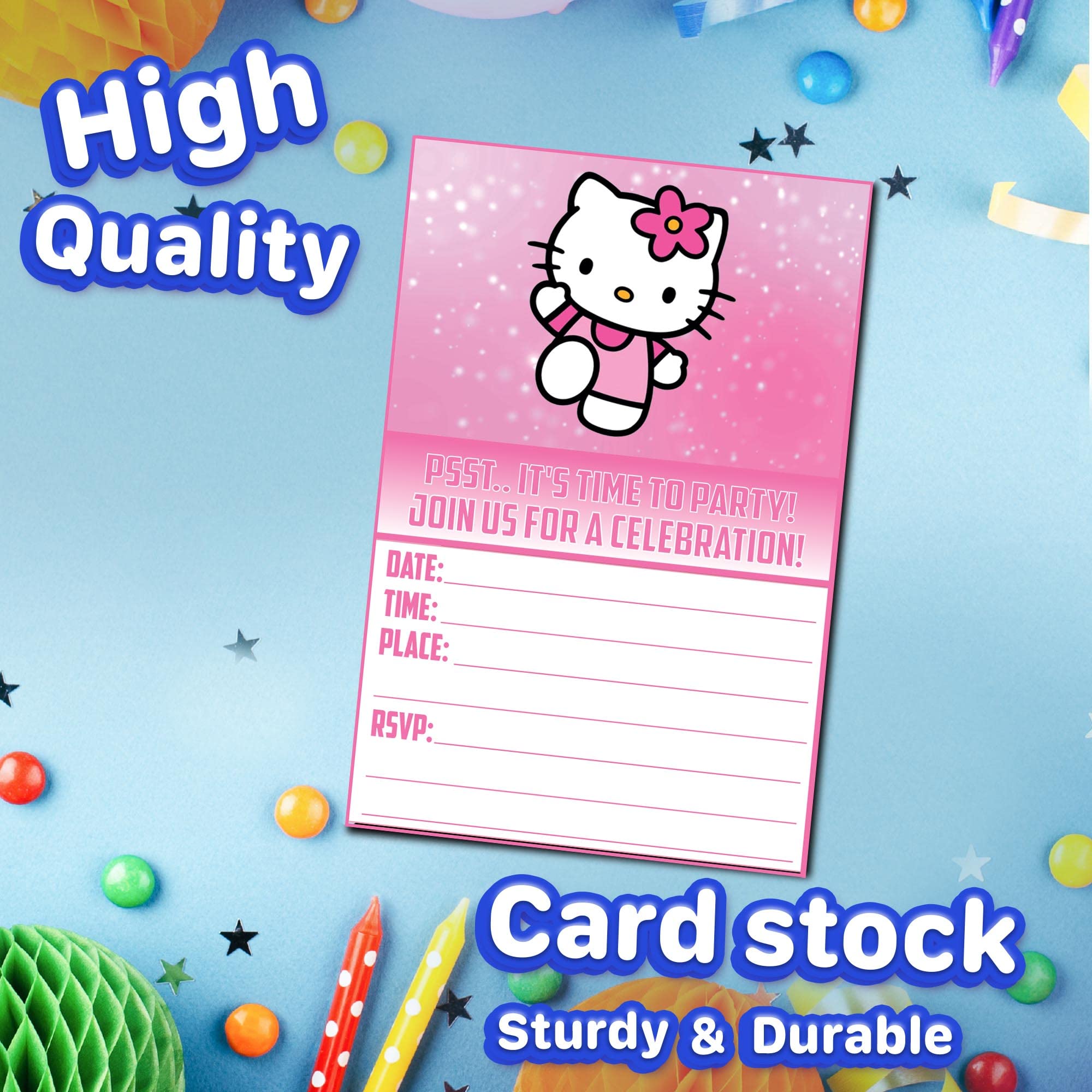 Set of 20 Cute Pink Cat Term or Description -Themed Happy Birthday Invitation Cards & Envelopes - Lightweight (240g), Postcard Style Invites for the Perfect Party Pack