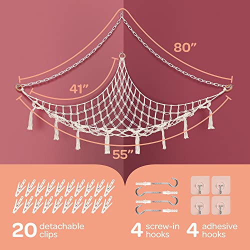 ParentsEasy Macrame Stuffed Animal Hammock & Net β Cotton Toy & Pet Hanging Plushie Storage with Screw-In & Adhesive Hooks β Stuffed Animal Hammock, Plastic Chain, & Clips β Toy Net Plush Storage