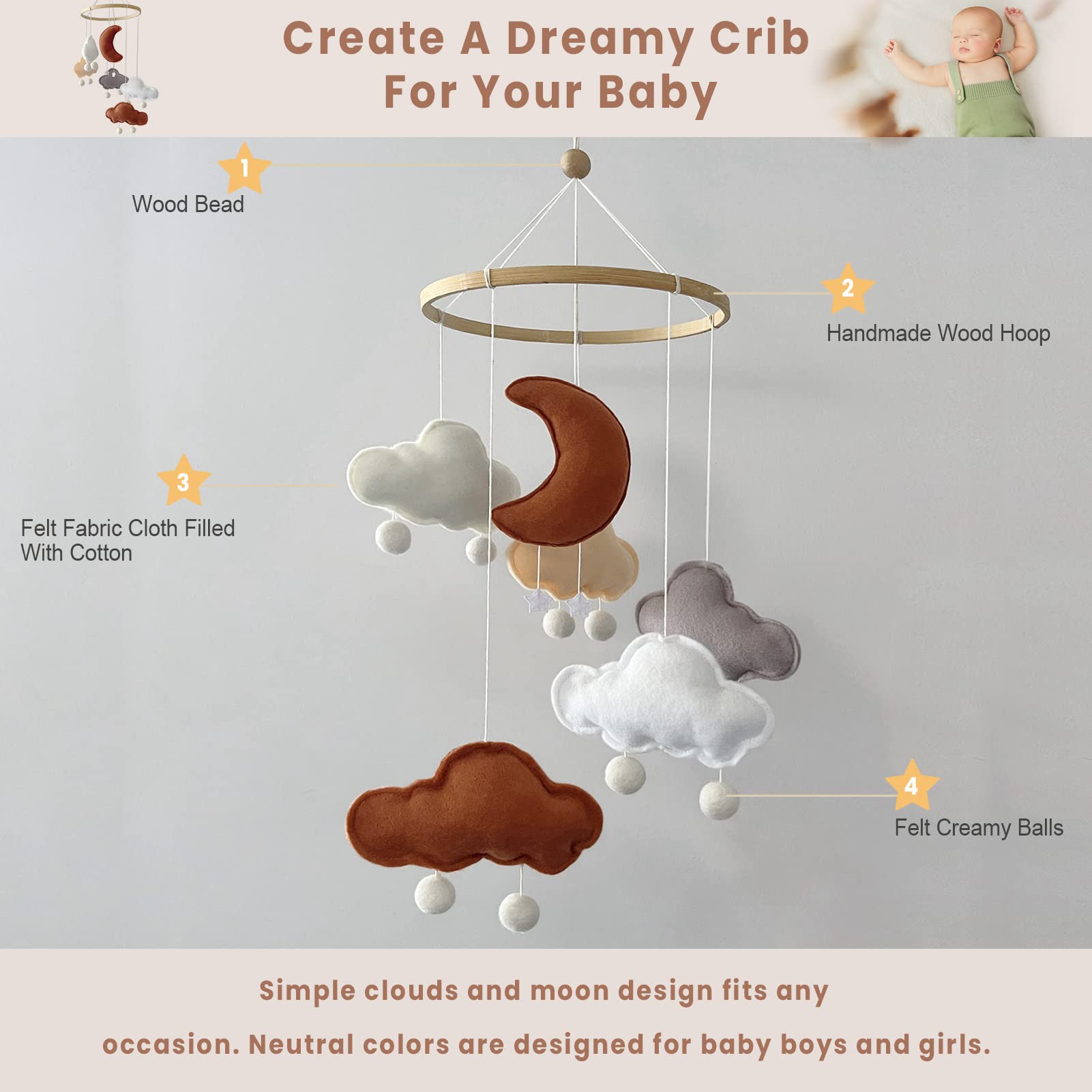 Baby Mobile for Crib - Handmade Soft Felt Crib Mobile - Boho Nursery Decor - Mobile for Bassinet, Pack N Play - Moon, Cloud, Star