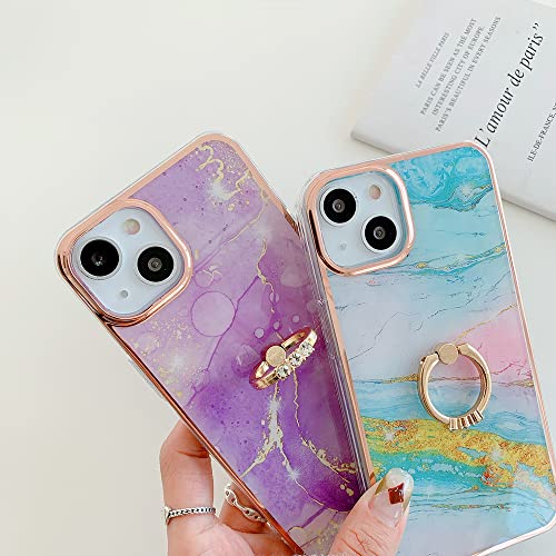 Dinglijia for Samsung Galaxy A22 4G Case, Soft TPU + IMD Marble Pattern Shiny Ring Kickstand Case for Girls and Women, Camera and Screen Protection Case for Samsung Galaxy A22 4G BKZH Rose Gold