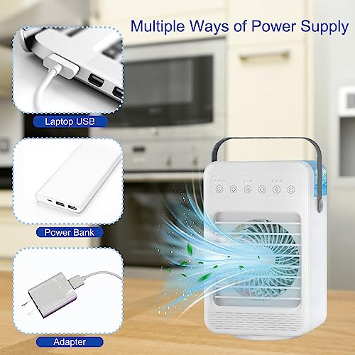 Cesanto Portable Air Conditioner Fan,Mini Personal Air Cooler with 4 Wind Speed,600ML Tank,2/4/6H Timer,120°Oscillating Cooling Fan,Rainbow LED Light,2 Spray,Low Noise,Desktop Office, Home, Bedroom