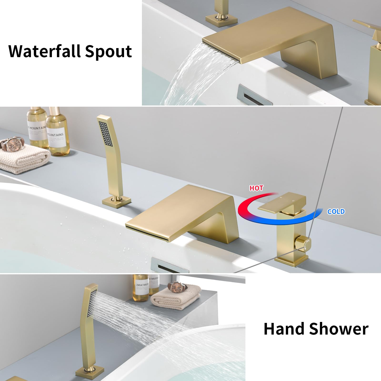 Waterfall Roman Tub Faucet with Hand Shower Deck Mount Bathtub Faucet with Hand Shower Widespread Bathtub Faucets Set Bathtub Shower Faucet Set Brushed Gold - 1725BG