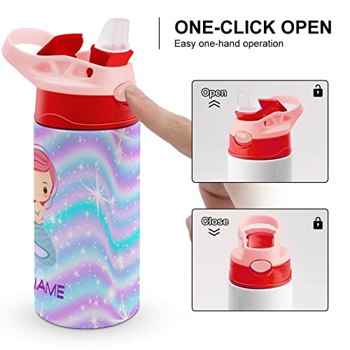 Custom Pink Mermaid Kids Water Bottle with Straw Lid Personalized Add Your Text Stainless Steel Sports Water Bottles Customized Reusable Leak-Proof Toddlers Cup for School, Travel