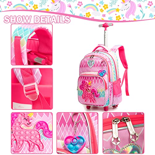 Meetbelify Cute Unicorn Rolling Backpack for Girls Backpacks with Wheels for Elementary Kids Pink Suitcase Set Travel Laptop Luggage for Girls Age 6-8