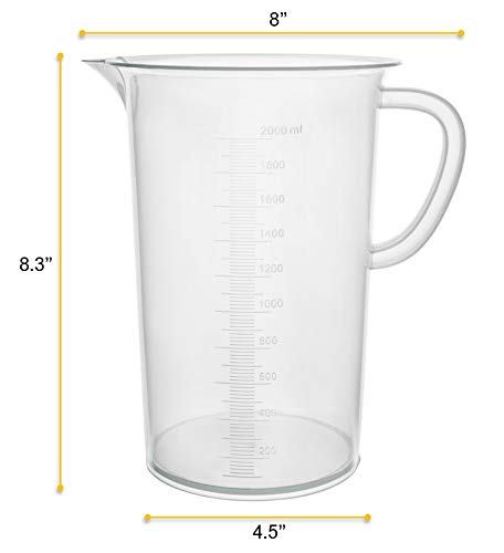 EISCO Plastic Pitcher, 2000mL (2L) - Molded Graduations - Chemical Resistant & Autoclavable Polypropylene - Measuring Jug