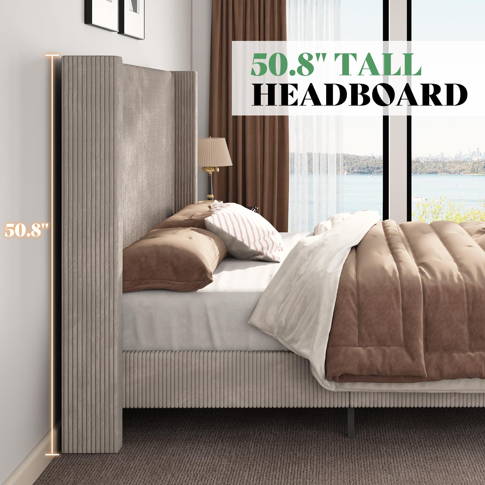 AMERLIFE King Size Upholstered Bed Frame with 50.8" Tall Headboard, Wingback Platform Bed with Solid Wood Legs, Wooden Slats, Corduroy/No Box Spring Needed/Noise Free/Greige