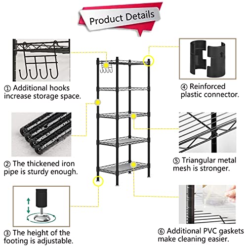 SORCEDAS Shelf 5 Wier Metal Storage Rack Shelving Unit Organizer for Kitchen Laundry Garage Bathroom Pantry Closet Office(16.54" Wx11.81 Dx50 H,Black)