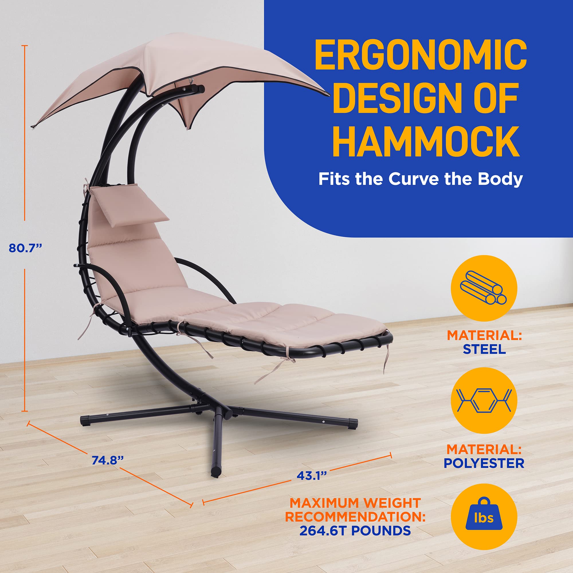SereneLife Outdoor Hanging Curved Steel Chaise Lounge Swing Chair w/a Built-in Pillow and Removable Canopy UV Protection and Foam Covered Armrest