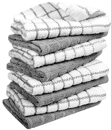 Bumble Premium Cotton Dish Cloths (12" x 12") Grey Check Design | Highly Absorbent | Natural Ring Spun Cotton | Kitchen Dish Towel Set | 380 GSM - 8 Pack