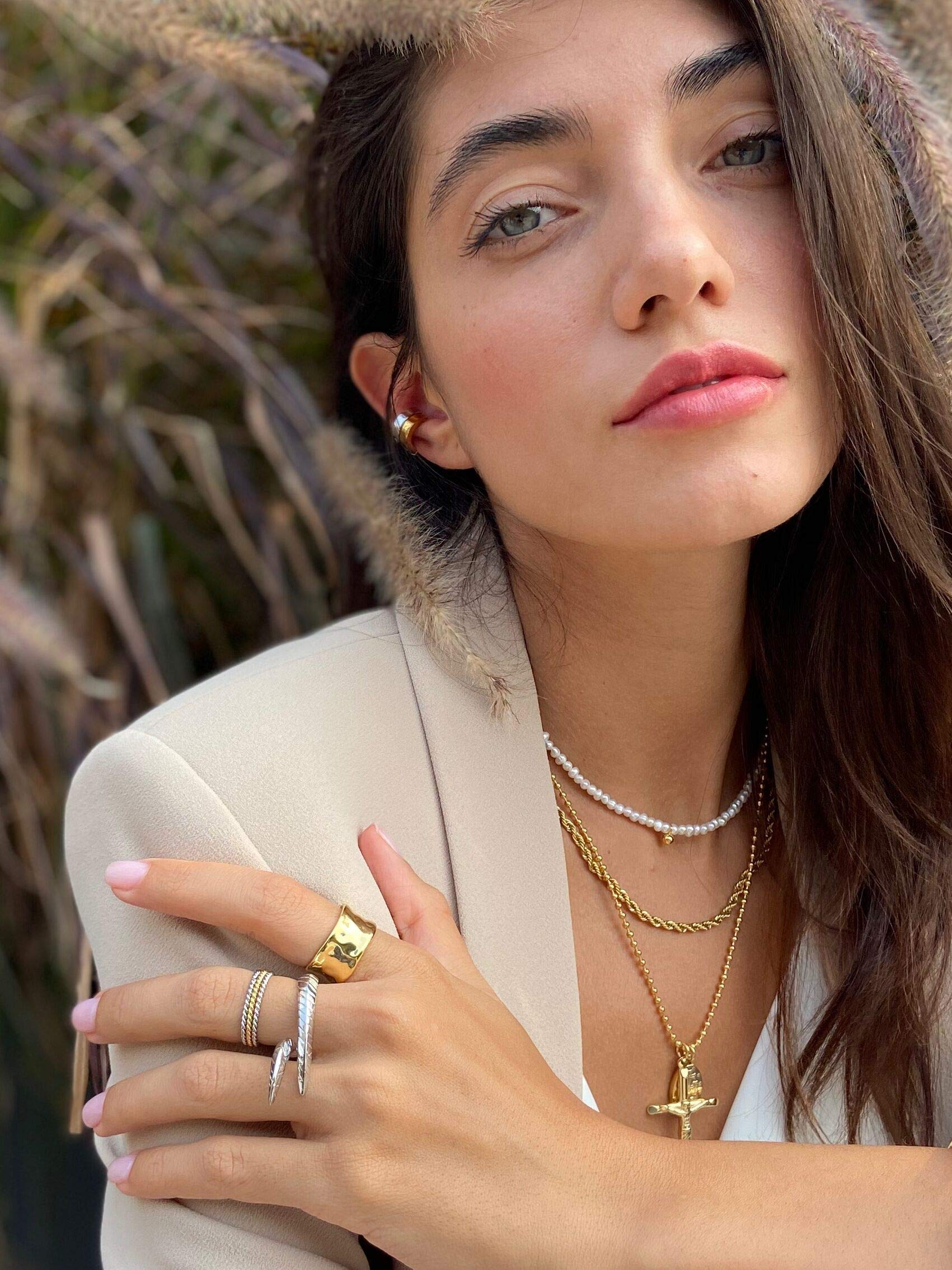 ailov Hammered Wide Band Ring Adjustable Open Tube Armor Cuff Ring Big Gold-plated Textured Brass Jewelry