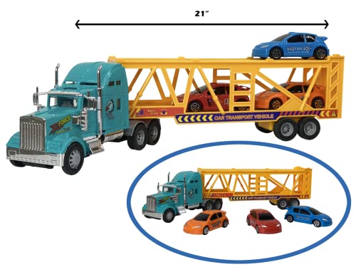 Big Daddy Heavy Duty Tractor Trailer Race Car Carrier Toy Truck with 3 Cars Bundle