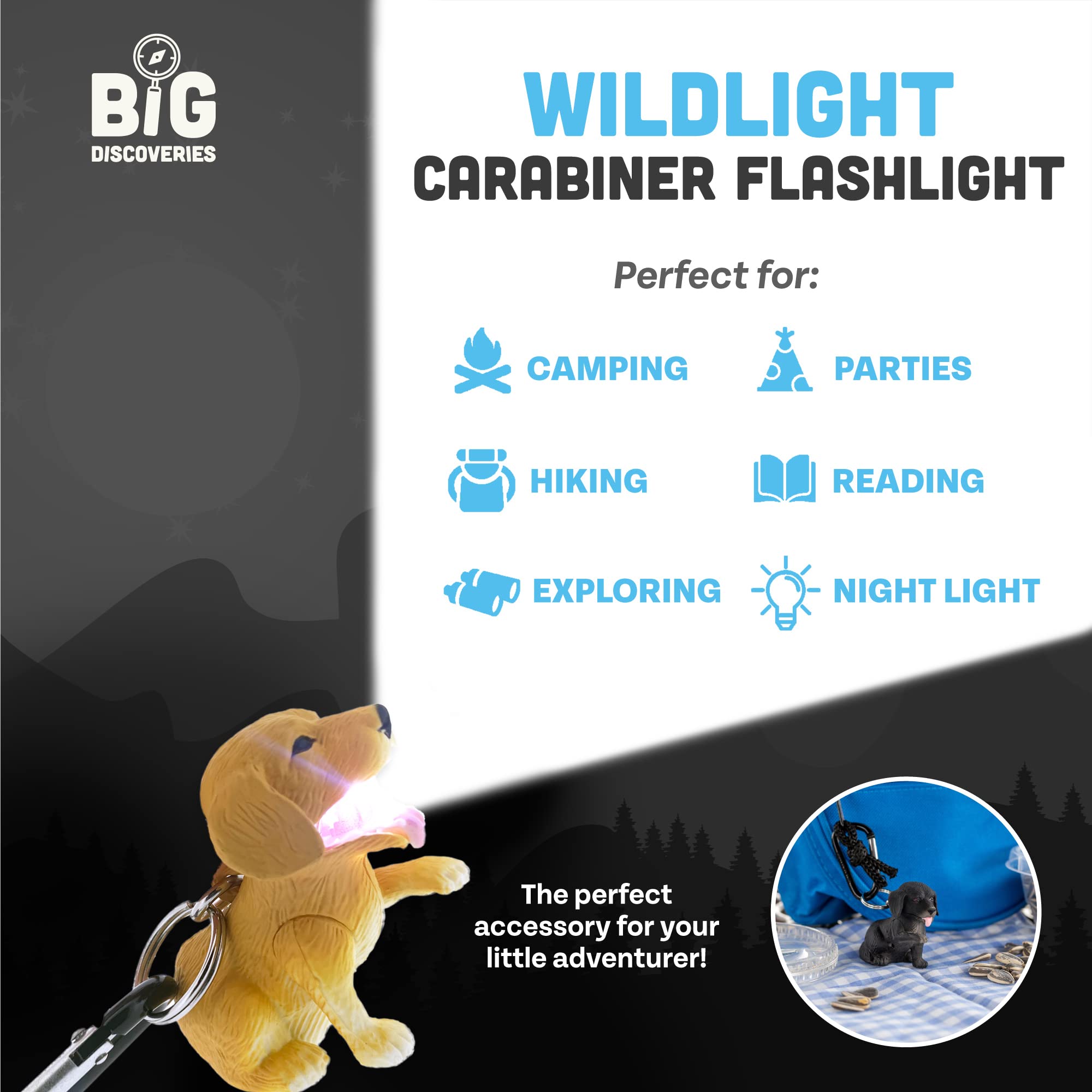 Big Discoveries WildLight Animal Carabiner Flashlight - Fun Mini Keychain Flash Lights for Kids, Nurses, Camping
