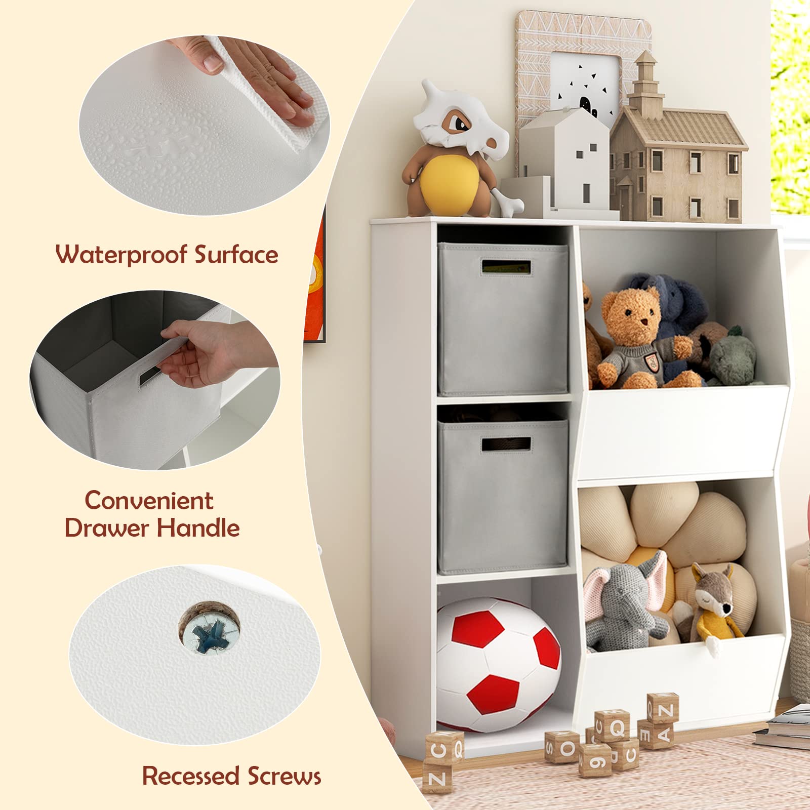 HONEY JOY 5 Cubbies Kids Toy Storage Organizer, Children Bookcase and Bookshelf w/2 Storage Boxes, Wooden Muti-Bins Toy Storage Display Cabinet for Playroom, Nursery, Daycare, Kindergarten
