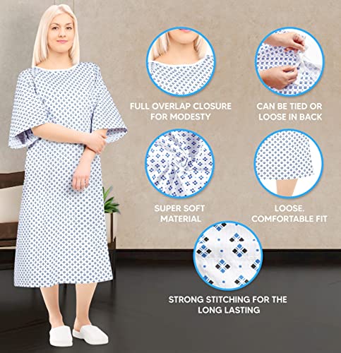 Wrinkle-Free Patient Gown - Fine Cotton Blend - Soft and Comfortable Fabric - Back Front Tie - Fit Easily Up to 2XL Size - Multipurpose Hospital Gown for Men and Women - Reusable and Washable -4 Pack