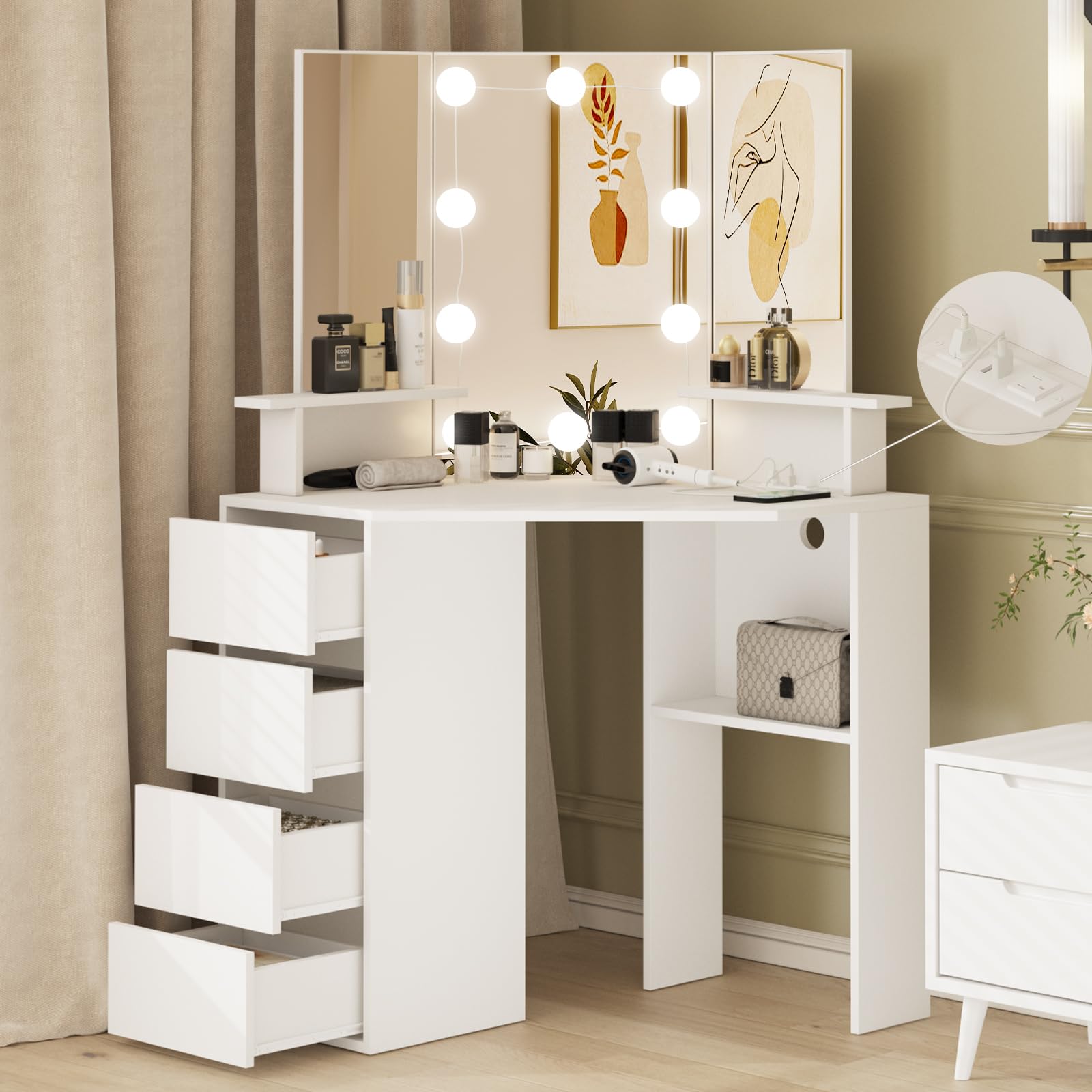 Fameill Corner Vanity Table with Lighted Mirror, Makeup Vanity Desk with Power Outlets, Makeup Dresser with 4 Drawers and Shelves, 3 Color Lighting, Brightness Adjustable, for Women Girls