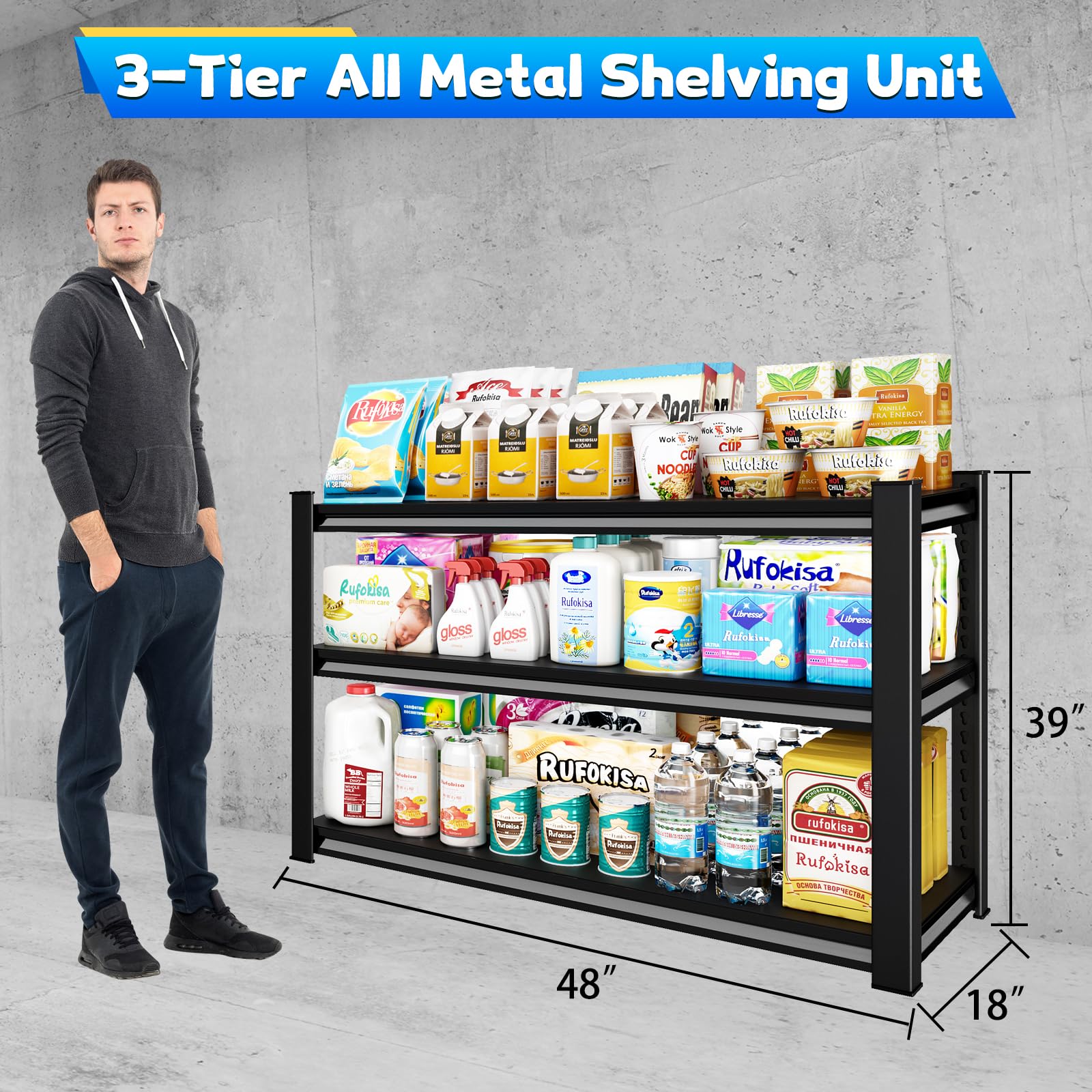 Rufokisa 3-Tier Garage Shelving Heavy Duty,48" W Metal Shelving Unit for Garage, 1650 lbs Load Capacity Utility Rack Shelves& Garage Shelves, 48”W x 18”D x 39”H(Black)