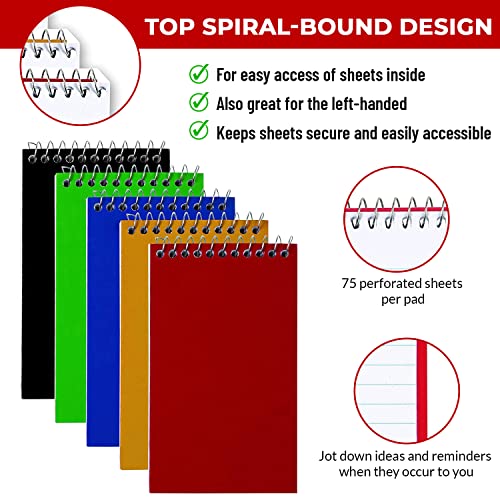 Ready Office Wirebound Spiral Memo Books, Small Notepad with Top-Opening, College Ruled, Mini Note Books, 3" x 5", 75 Sheets/Pad - 5 Pads/Pack