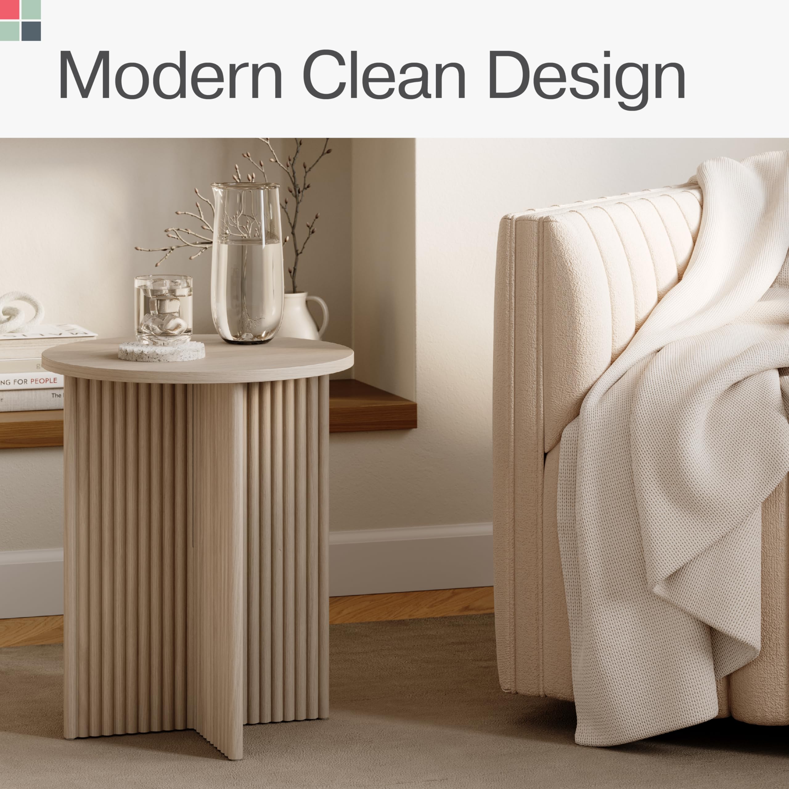 Round Fluted Accent Side Table - Pedestal Drink Table - Modern Home, Bedroom, and Living Room Furniture - Small Round End Table with Solid Wood X-Base and Wood Veneer Top (Weathered White)