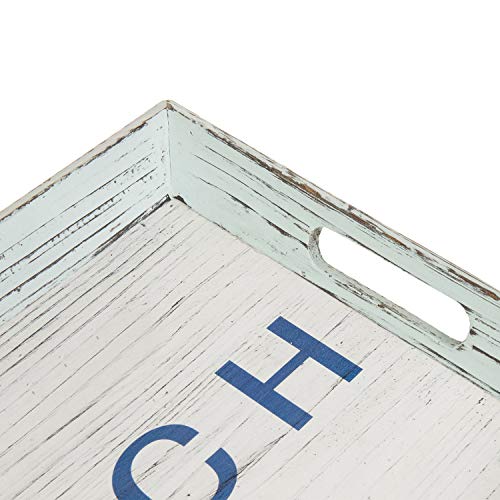 MyGift 16-inch Beach Theme Wooden Large Serving Tray with Handles, Decorative Whitewashed Blue Ottoman Tray for Living Room