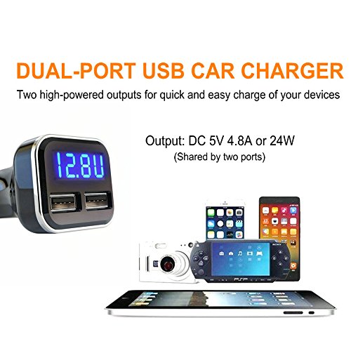Jebsens 4.8A 24W Dual USB Car Charger Volt Meter Car Battery Monitor with LED Voltage & Amps Display, Cigarette Lighter Adapter, USB Cigarette Lighter Adapter, Compatible for iPhone 15/15 Pro Max