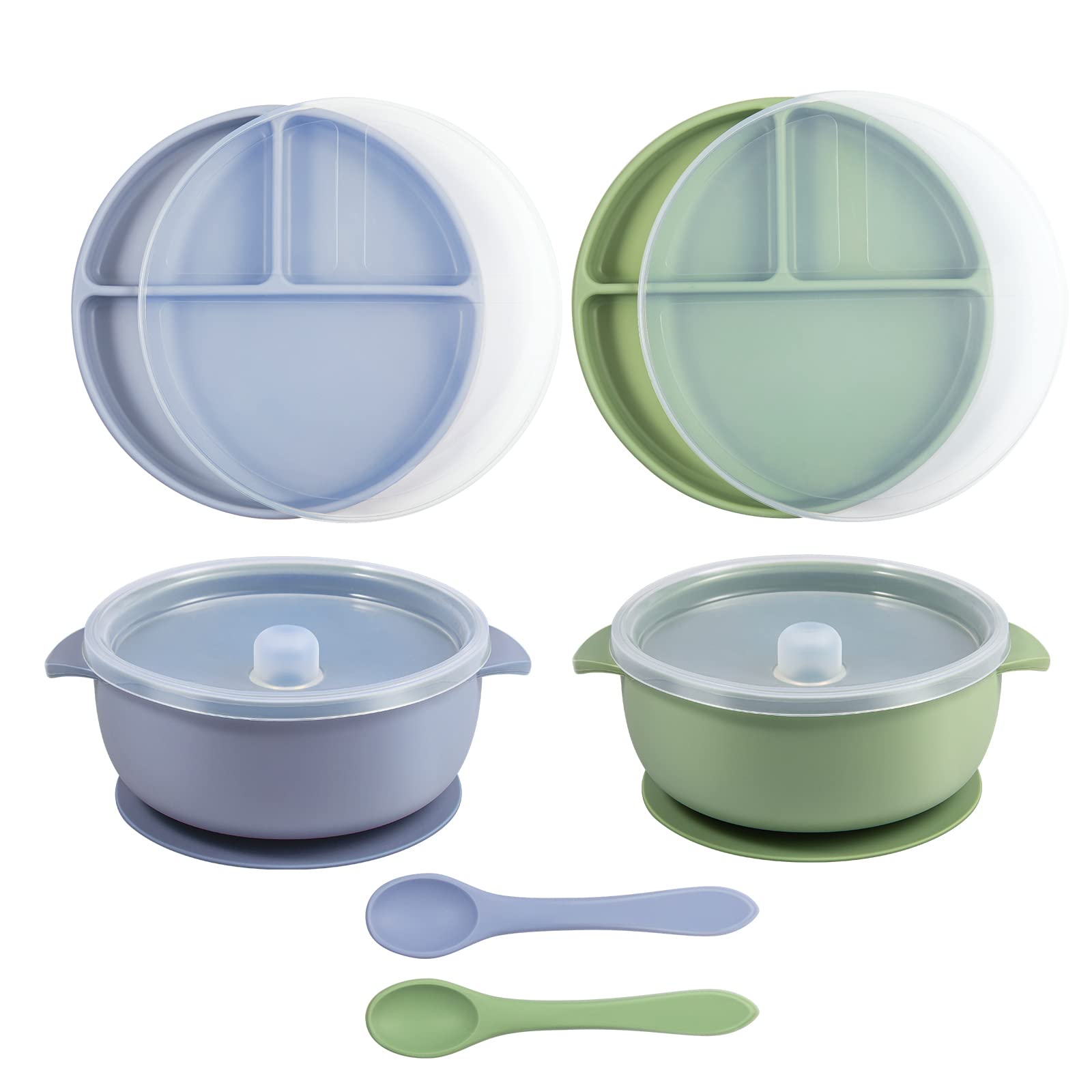 Baby Plates Bowls with Lids - Silicone Mini Mat - Suction Placemat Bowl with 2 Spoons for Self Feeding, 100% Food Grade Silicone, Dishwasher and Microwave Safe