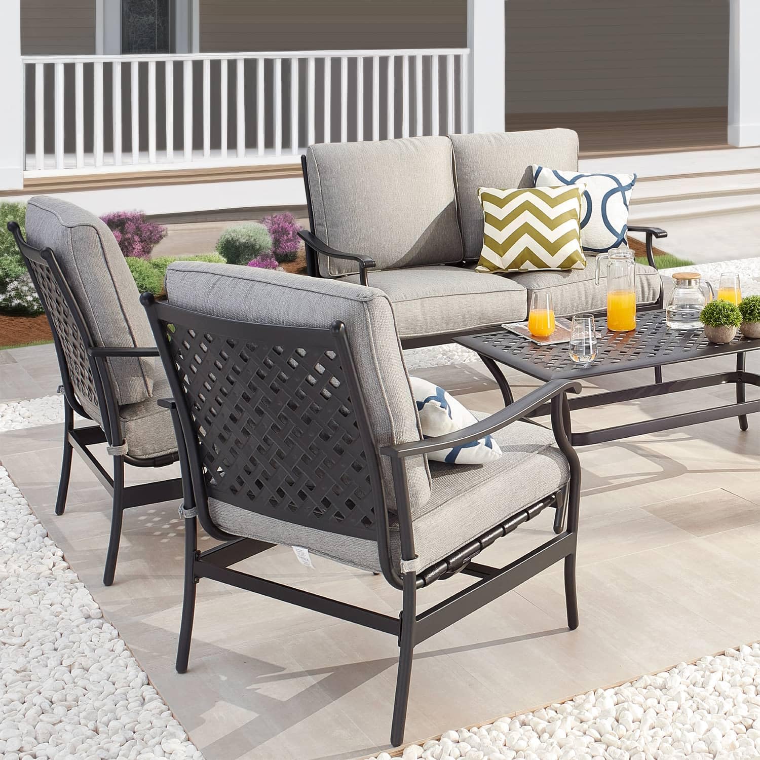 PatioFestival Patio Conversation Set 4-Piece Cushioned Outdoor Furniture Sets with All Weather Frame for Porch Backyard Lawn(Grey)