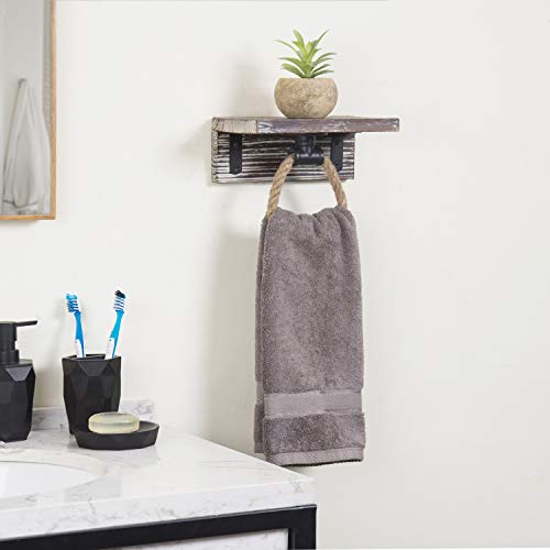 MyGift Industrial Pipe and Rustic Rope Bathroom Towel Ring Holder/Decorative Hand Towel Wall Mounted Rack with Torched Wood Shelf