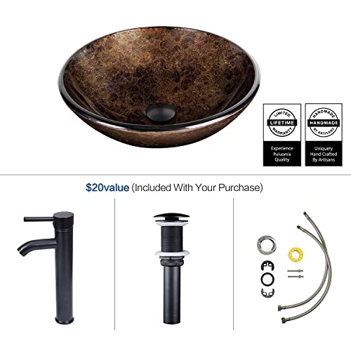 Bathroom Vessel Sink, 16.5" Artistic Glass Bathroom Bowl Basin with Faucet, Mounting Ring and Pop Up Drain, Brown
