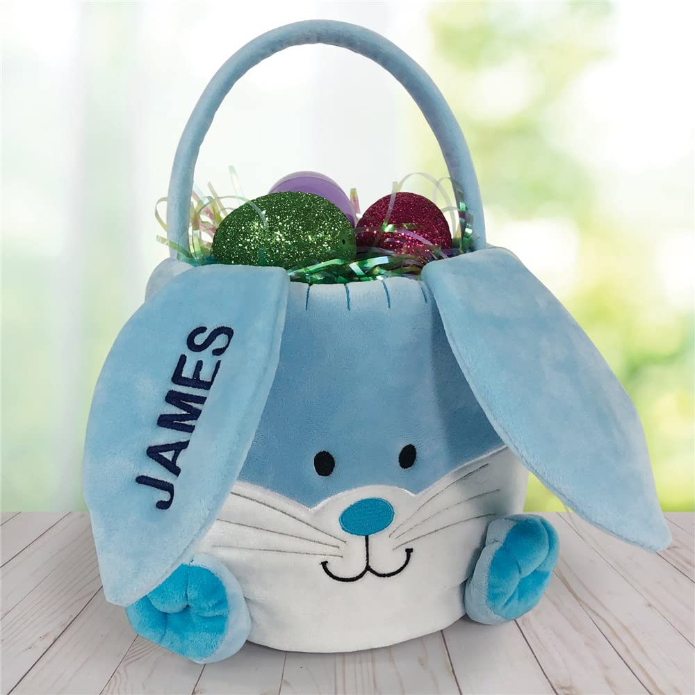 GiftsForYouNow Embroidered Plush Blue Bunny Personalized Easter Basket for Little Boys, Easter Egg Hunt Tote, Perfect for Toys and Candy, 10" W x 7" H x 9" D