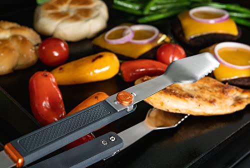Blackstone 5294 Foldable 2 Piece Hamburger Spatula Flipper and 1 BBQ Tong-Flex Fold Model Stainless Steel-Easy to Carry and Clean Griddle Accessories Tool Set, Black, Orange
