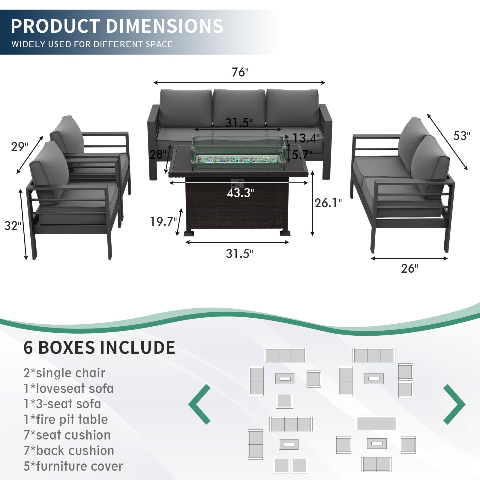 Amopatio Patio Furniture Set with Fire Pit Table, 8 Pcs Aluminum Outdoor Sectional Metal Modern Patio Sofa Sets, 44" Gas Fire Pit Conversation Set for Yard(Included Waterproof Covers)