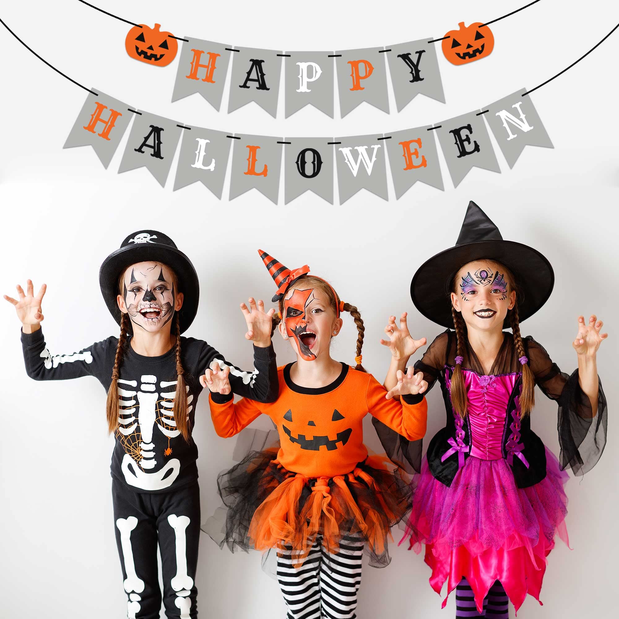 Pre-Strung Happy Halloween Banner - NO DIY - Black Glitter Halloween Banner - Pre-Strung Garland on 8 ft Strand - Pumpkin Jack O'Lantern Halloween Party Decorations & Decor. Did we mention no DIY?