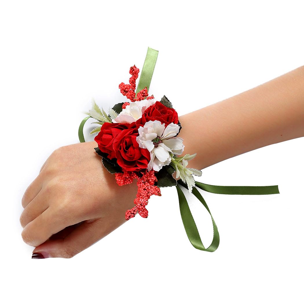 CASDRE Flower Wedding Wrist Corsage Red Floral Bridal Corsage Wristlet with Ribbon Prom Hand Flowers for Women and Brides