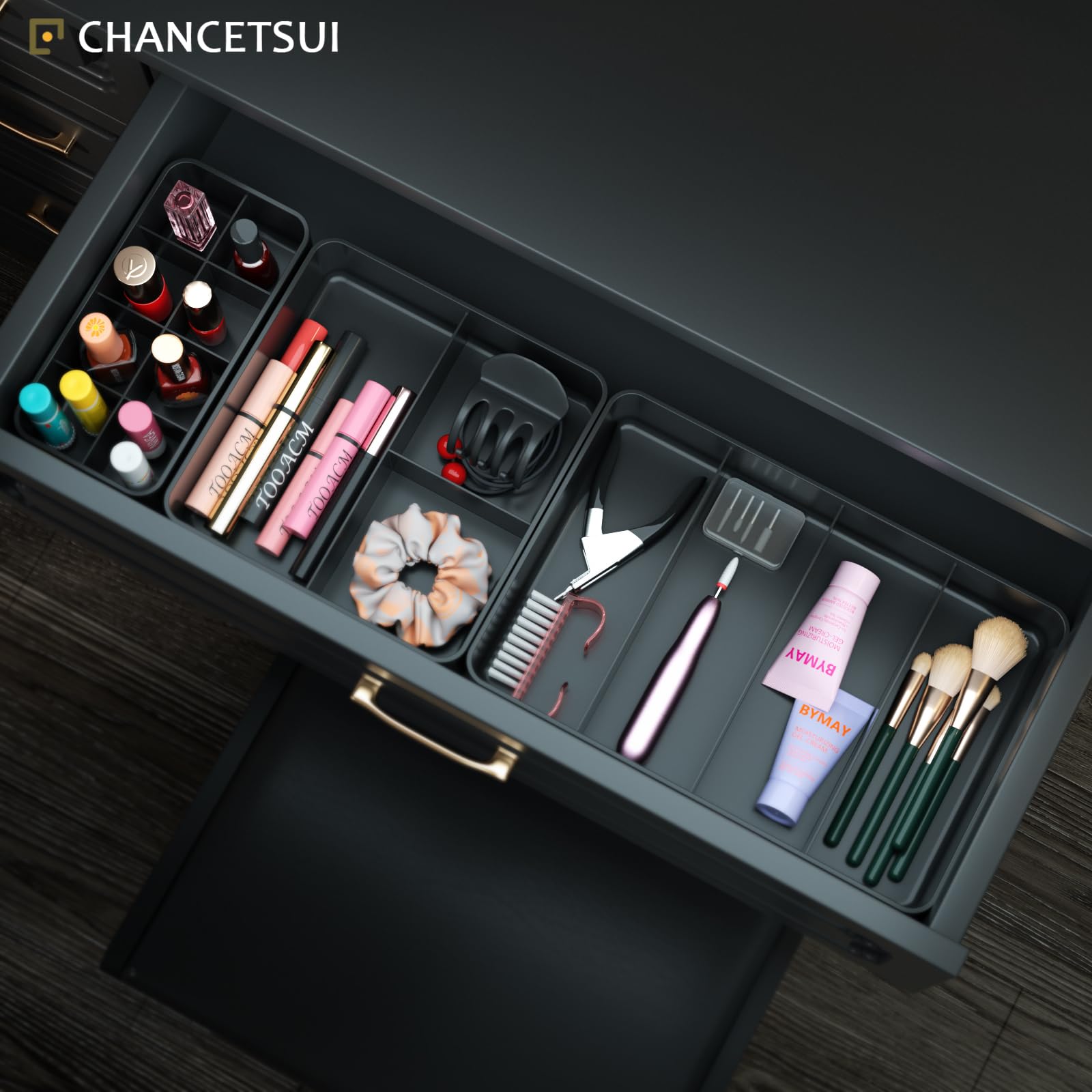 Stackable Drawer Organizer, 3 PCS Versatile Bathroom and Vanity Drawer Organizers Trays Makeup Organization and Storage Set for Lipstick, Lip Gloss, Nail Polish, Cosmetics, Skincare, Jewelry, Black