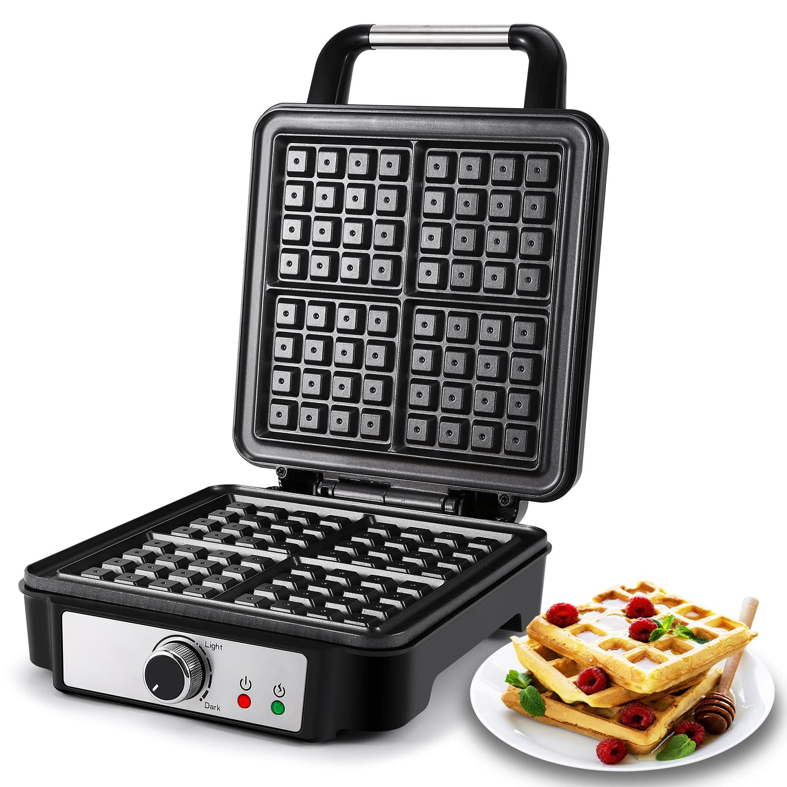 MONXOOK Belgian Waffle Maker, 4-Slice Non-Stick Square Waffle Maker, Anti-Overflow Waffle Iron with Browning Knob, Indicator Lights, Compact Design, Recipes Included, 1200W, Silver/Black