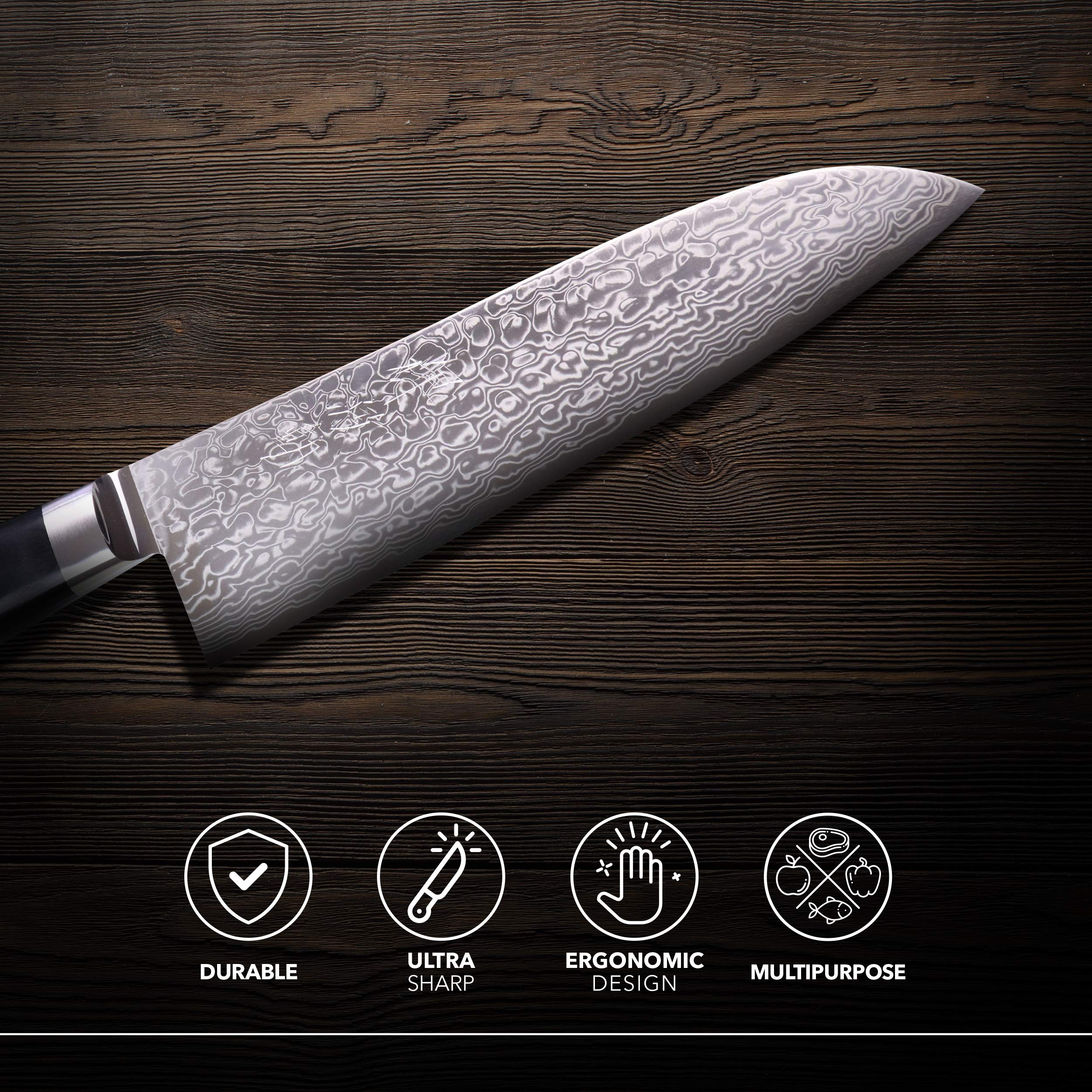 JCK ORIGINAL Kagayaki Japanese Chef’s Knife, KGRP-2 Professional Santoku Knife, Polished Patterned Damascus Stainless Steel with Ergonomic Black Pakka Wood Handle, 6.8 inch