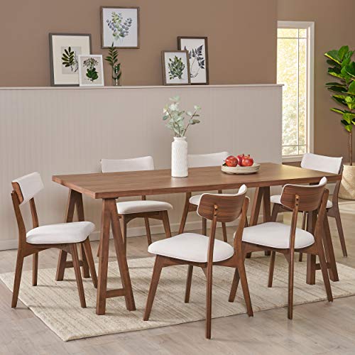 Christopher Knight Home Rachel Mid-Century Modern 7 Piece Dining Set with A-Frame Table, Light Beige + Walnut