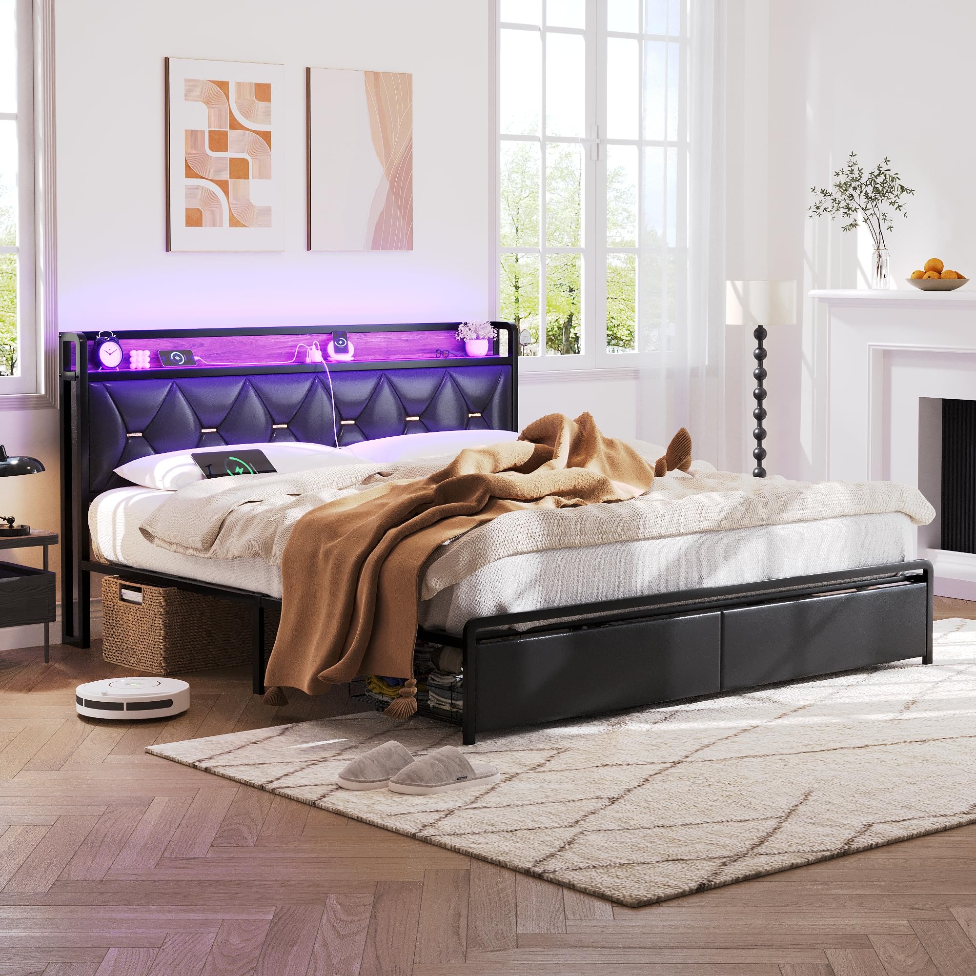 Ailisite King Size Bed Frame with Headboard and Storage Drawers, Black Upholstered Bed Frame King with Charging Station, Led King Platform Bed Frame Metal Bed Frame, No Box Spring Needed,Easy Assembly