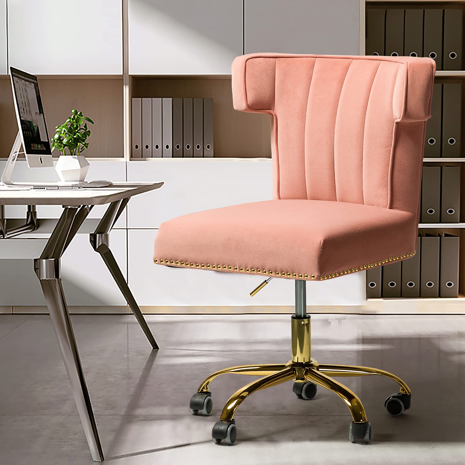 HULALA HOME Velvet Office Chair with Wingback and Decorative Nailhead, Adjustable Swivel Modern Armless Desk Chair, Cute Vanity Chair for Women (Gold Base, Fushia)