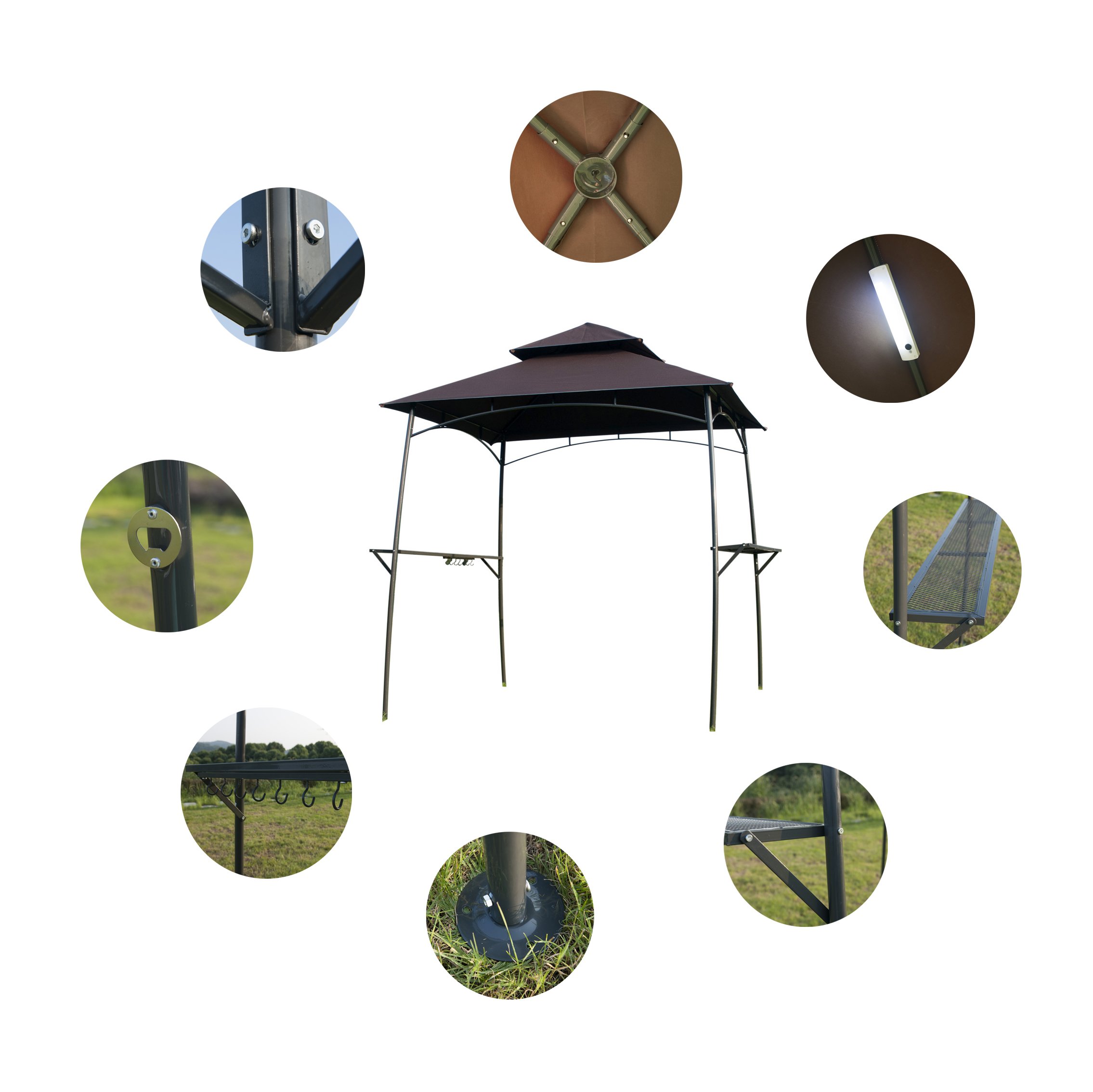 8x5 Ft Barbecue Metal Grill Gazebo Tent Pergola BBQ Canopy Sun shelter for Outdoor Patios Deck Yard Balcony W/Lights 2-Tier Vent Brown Soft Top Roof