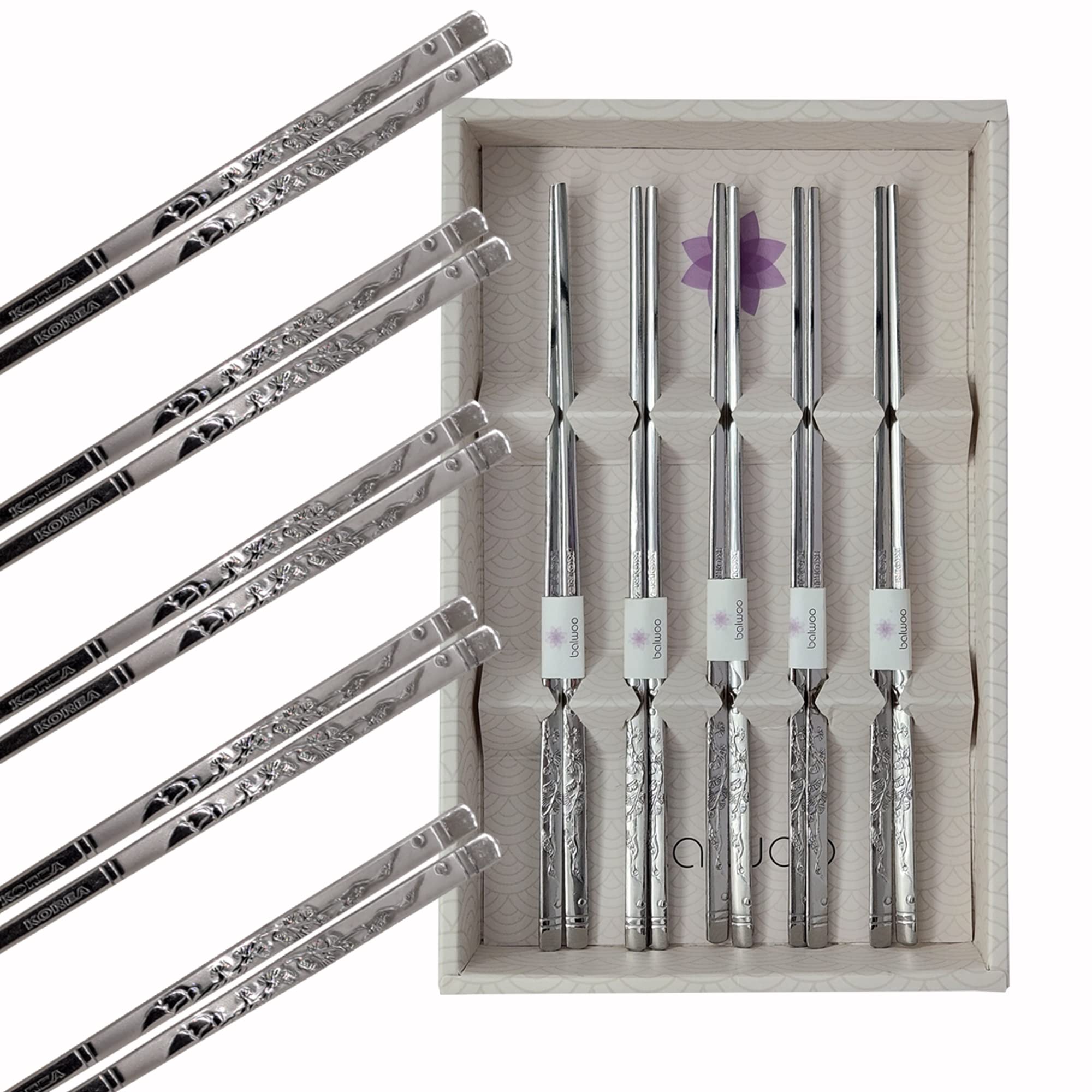 BALWOO Chopsticks [Made in Korea][5 Sets] 430 Premium Stainless Steel Chopsticks, Chopsticks Flatware, Mukbang Kitchen Utensil, Cutlery Silverware Stainless Tableware Metal Chopsticks (Crane)