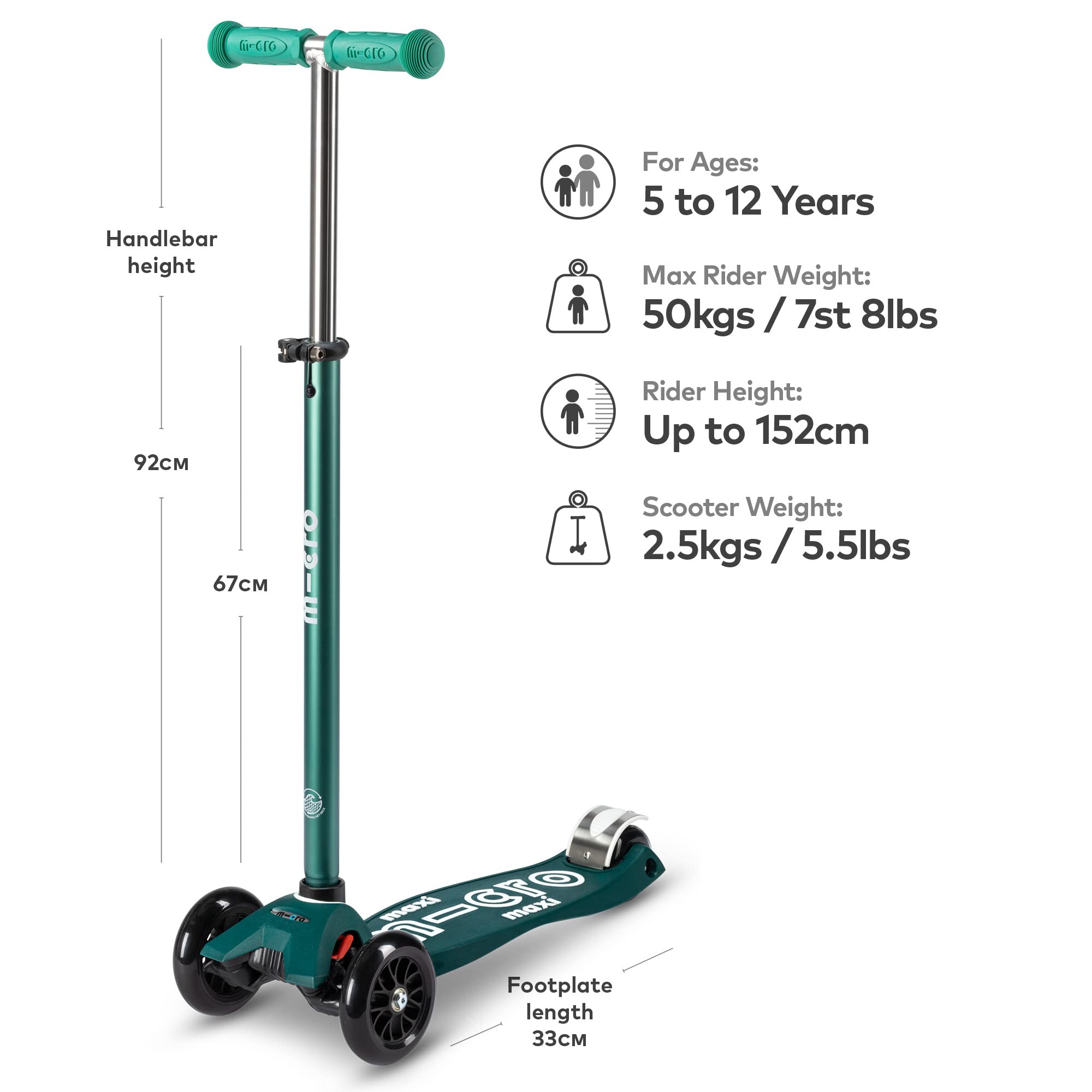 Micro Kickboard - Maxi Deluxe Eco 3-Wheeled, Lean-to-Steer, Swiss-Designed Micro Scooter Made with Recycled and Sustainable Materials for Elementary Kids, Ages 5-12 (Dark Green)