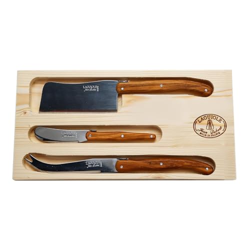 Jean Dubost Laguiole Rustic Range 3-Piece Cheese Knife Set, Olive Wood Handles - Rust-Resistant Stainless Steel - Includes Wooden Tray - Made in France