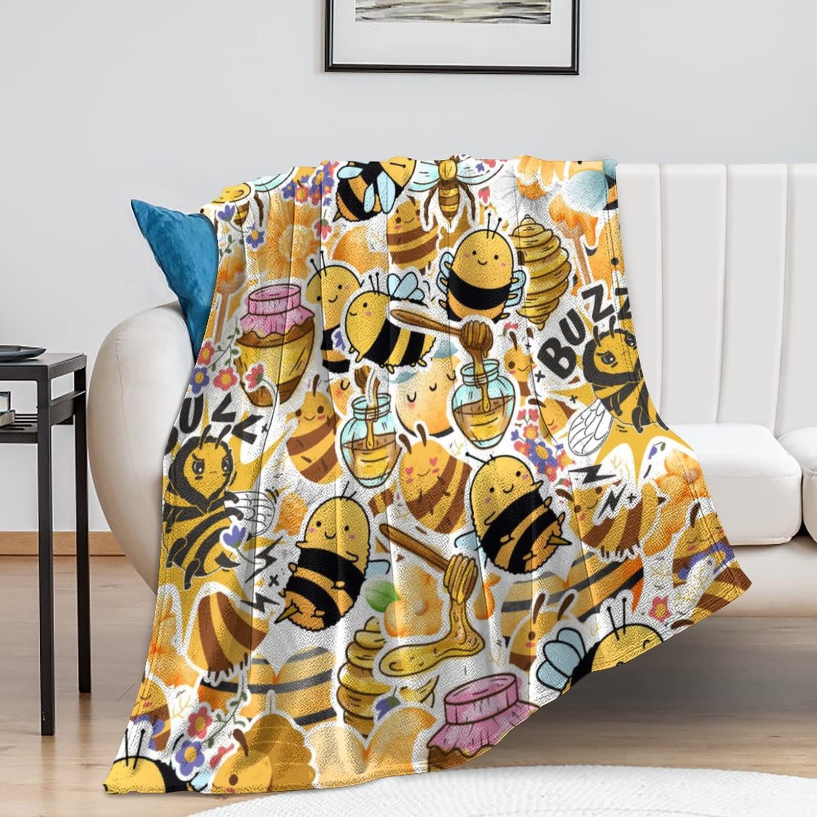 Bee Blanket Gifts - 60x50 Inches Cute Throw Blanket for Kids, Girls, Boys - Yellow Soft Plush Blankets for Bed, Couch & Travel
