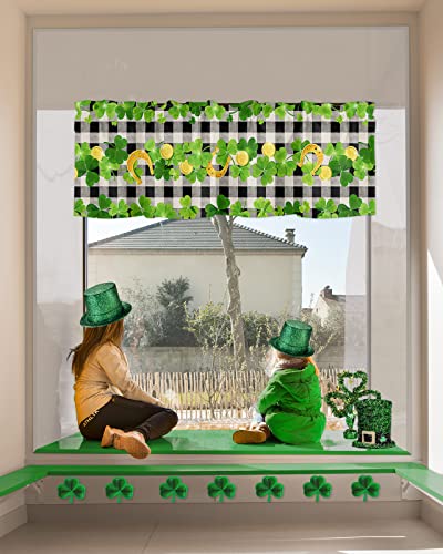 Curtain Valance for Windows St. Patrick's Day Clover Leaf Horseshoe Gold Kitchen Valances Rod Pocket Short Curtains,Black White Plaid Window Treatment Panel for Living Room Bathroom Bedroom 60x18in